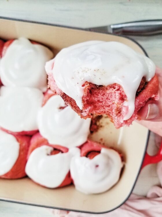 Pink Cinnamon Rolls with Vanilla Glaze - The Hint of Rosemary